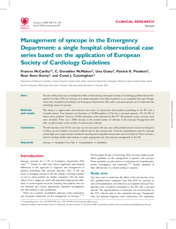 (PDF) Management of syncope in the Emergency Department: a single ...
