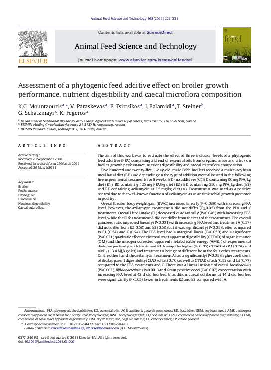 (PDF) Assessment of a phytogenic feed additive effect on broiler growth performance, nutrient ...