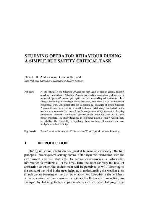 (PDF) Studying Operator behaviour During a Simple but safety critical Task