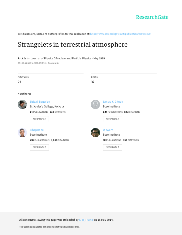(PDF) Strangelets in Terrestrial Atmosphere