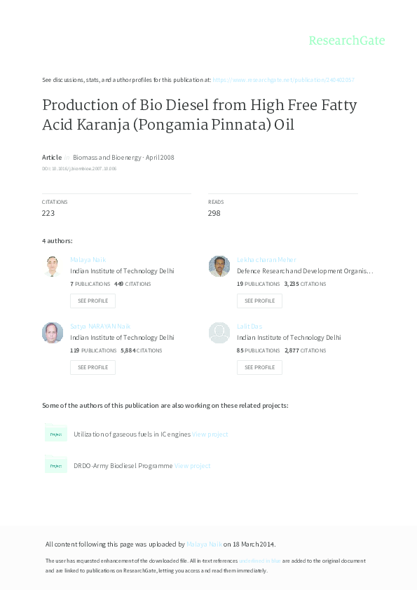 (PDF) Production of biodiesel from high free fatty acid Karanja ...