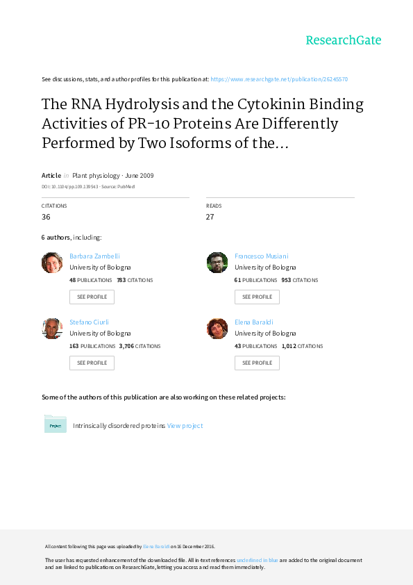 (PDF) The RNA hydrolysis and the cytokinin binding activities of PR-10 ...