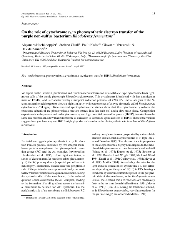 (PDF) On the role of cytochrome c 8 in photosynthetic electron transfer ...