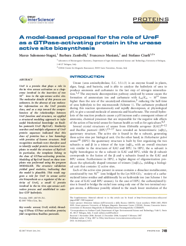 (PDF) A model‐based proposal for the role of UreF as a GTPase ...