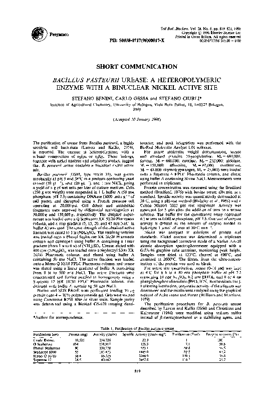 (PDF) Bacillus pasteurii urease: A heteropolymeric enzyme with a ...