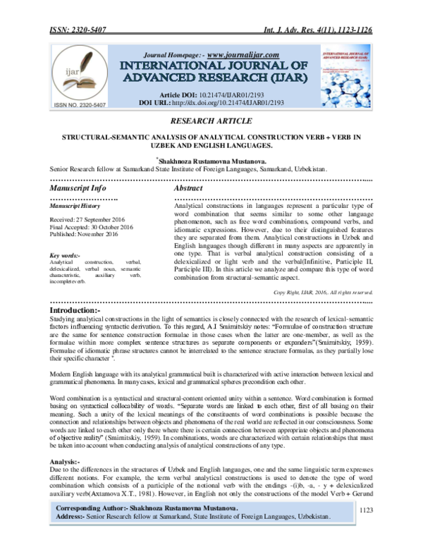(PDF) STRUCTURAL-SEMANTIC ANALYSIS OF ANALYTICAL CONSTRUCTION VERB + VERB IN UZBEK AND ENGLISH ...