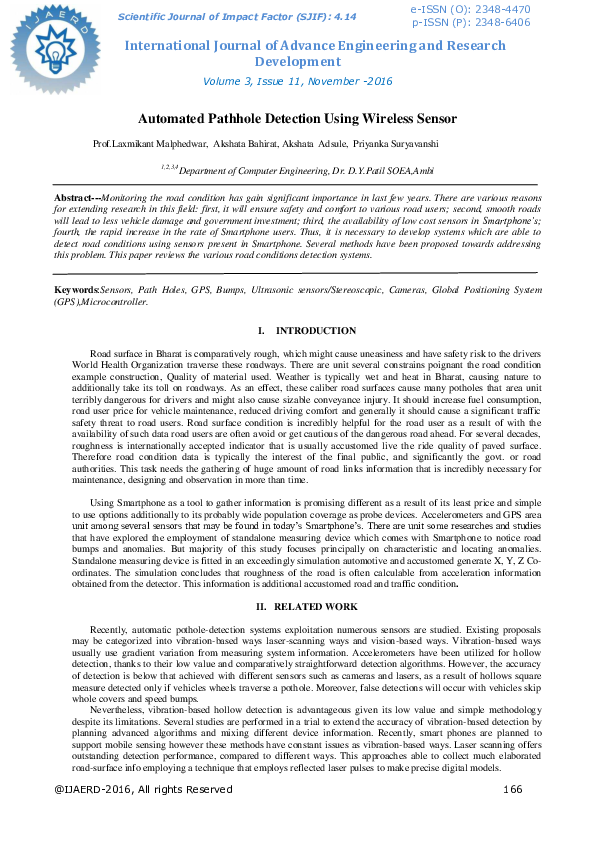 Pdf Automated Pathhole Detection Using Wireless Sensor Editor Ijaerd