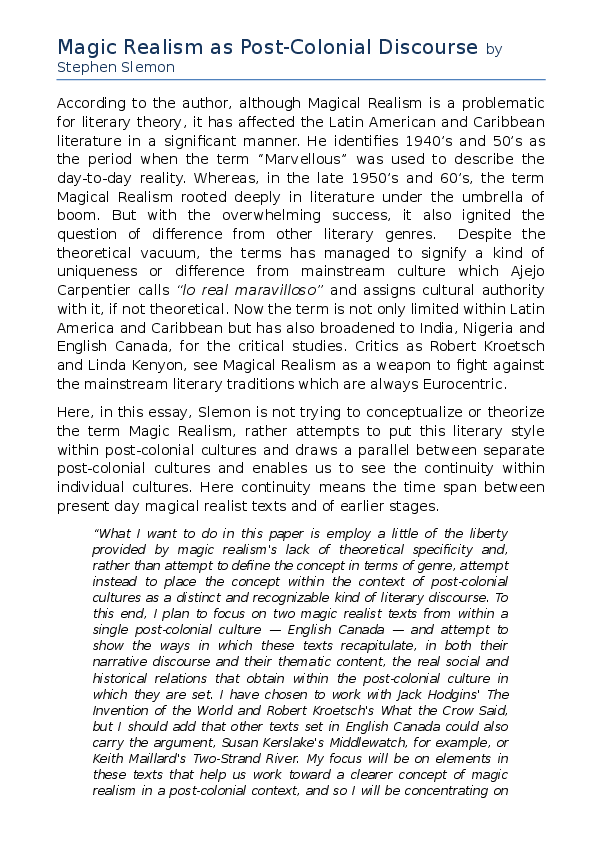 (DOC) Magic Realism as Post-Colonial Discourse