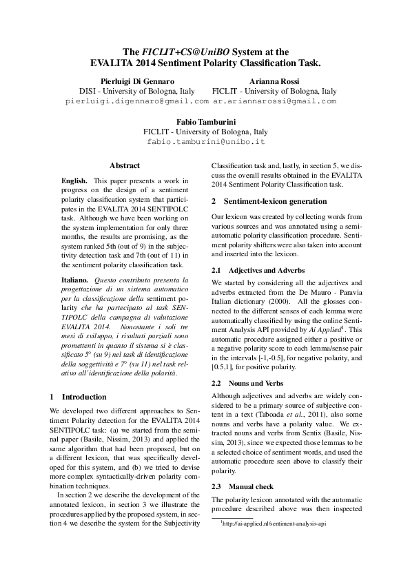 (PDF) The FICLIT+CS@UniBO System at the EVALITA 2014 Sentiment Polarity Classification Task ...