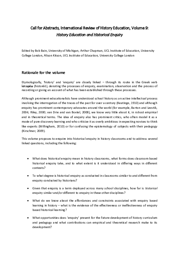 (PDF) Call for Abstracts, International Review of History Education ...