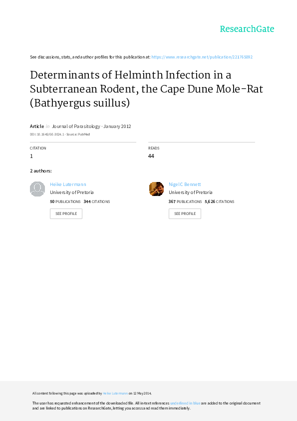 (PDF) Determinants of Helminth Infection in a Subterranean Rodent, the ...