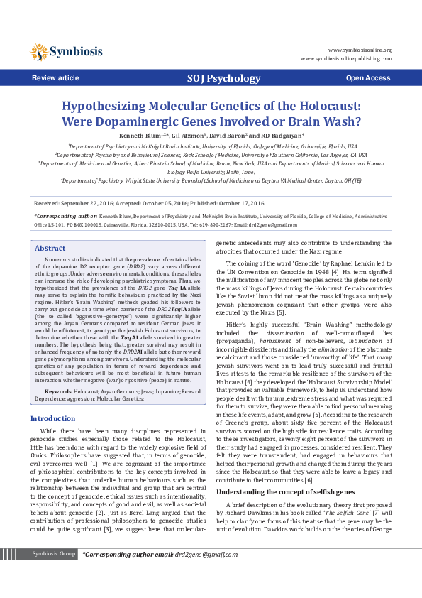 (PDF) Hypothesizing Molecular Genetics of the Holocaust: Were Dopaminergic Genes Involved or ...