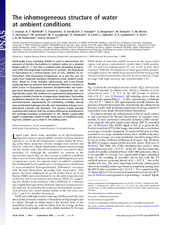 (PDF) The inhomogeneous structure of water at ambient conditions
