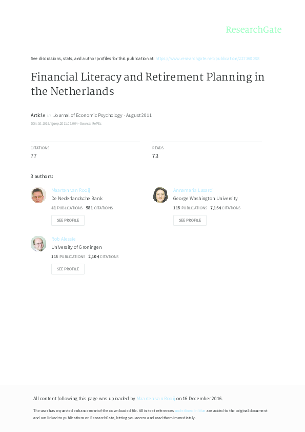 (PDF) Financial literacy and retirement planning in the Netherlands