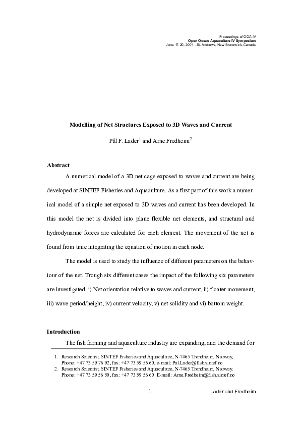Pdf Modelling Of 3d Net Structures Exposed To Waves And Current