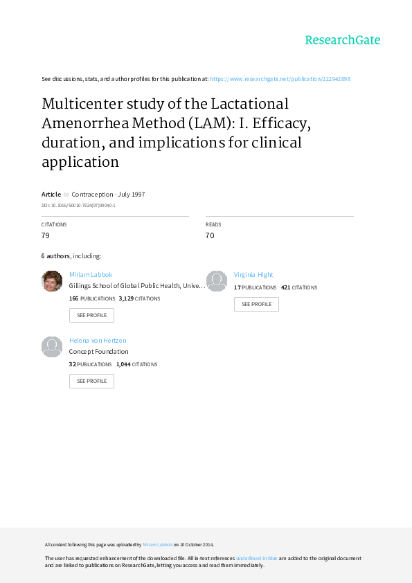(PDF) Multicenter study of the Lactational Amenorrhea Method (LAM): I ...