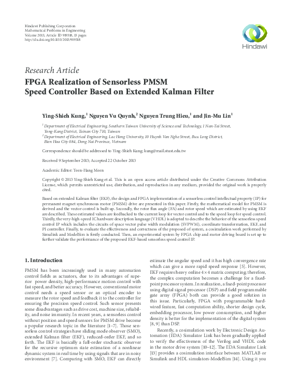 Pdf Fpga Realization Of Sensorless Pmsm Speed Controller Based On Extended Kalman Filter