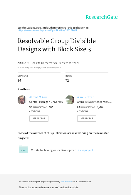 (PDF) Resolvable group divisible designs with block size 3