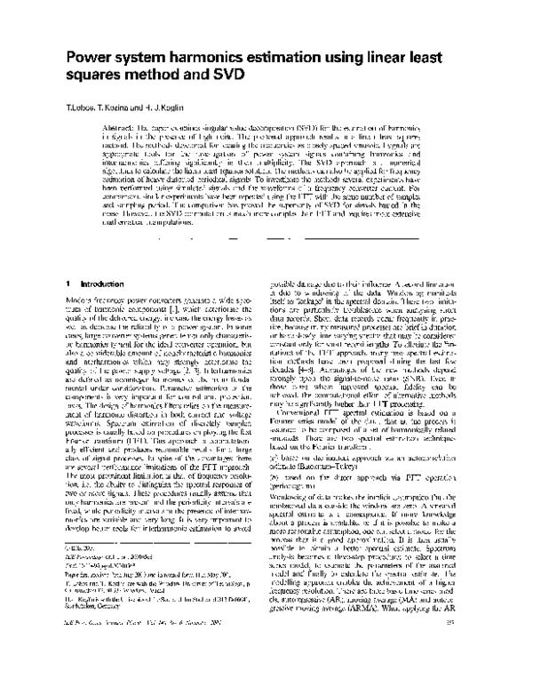 (PDF) Power system harmonics estimation using linear least squares method and SVD | T. Lobos ...
