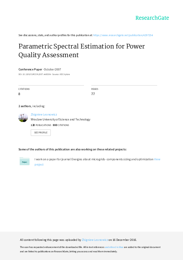 (PDF) Parametric Spectral Estimation for Power Quality Assessment