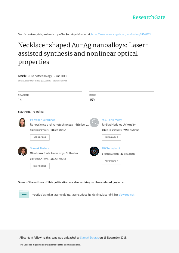 (PDF) Necklace-shaped Au–Ag nanoalloys: laser-assisted synthesis and nonlinear optical properties