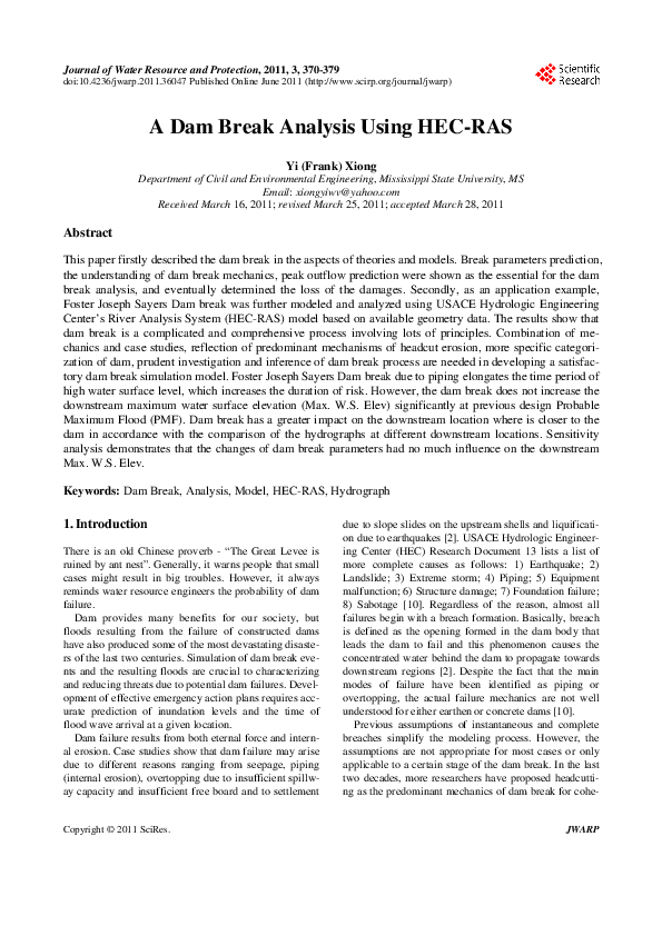 (PDF) A Dam Break Analysis Using HEC-RAS