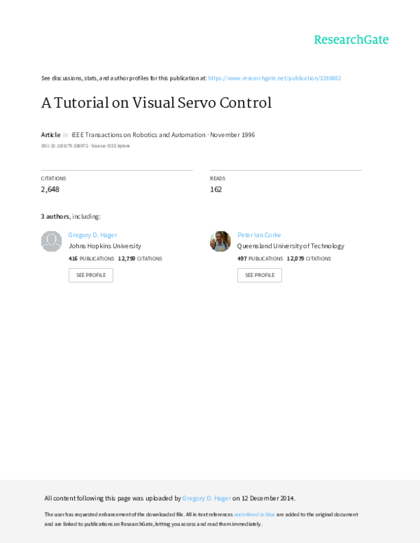 Pdf A Tutorial On Visual Servo Control