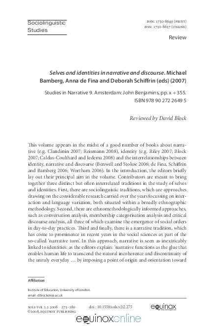 (PDF) Selves and Identities in Narrative and Discourse. Michael Bamberg ...