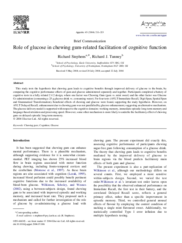 (PDF) Role of glucose in chewing gum-related facilitation of cognitive ...
