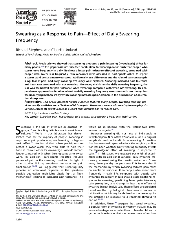 (PDF) Swearing as a Response to Pain—Effect of Daily Swearing Frequency