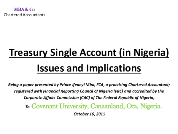 (PDF) Treasury Single Account (in Nigeria) Issues and Implications