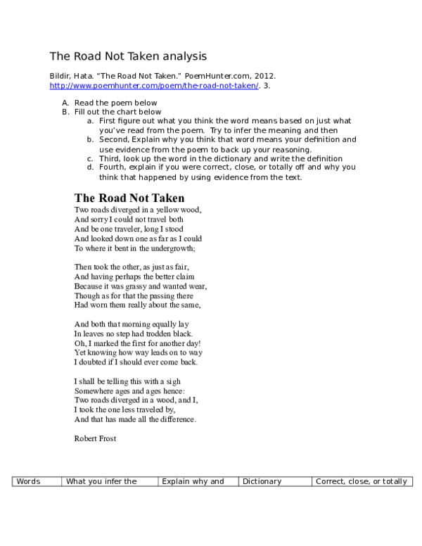 (DOC) The Road Not Taken analysis