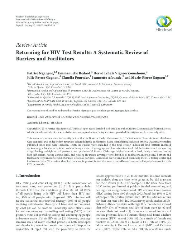(PDF) Review Article Returning for HIV Test Results: A Systematic ...