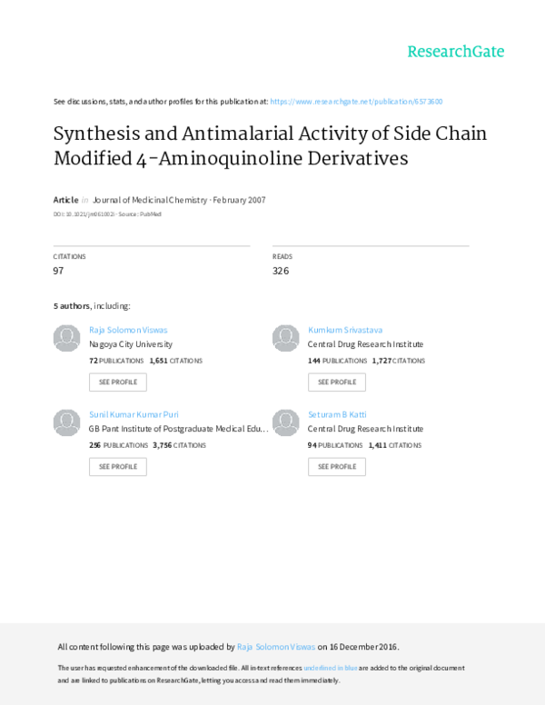 (PDF) Synthesis and Antimalarial Activity of Side Chain Modified 4-Aminoquinoline Derivatives
