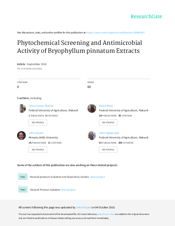 (PDF) Phytochemical Screening and Antimicrobial Activity of Bryophyllum pinnatum Extracts