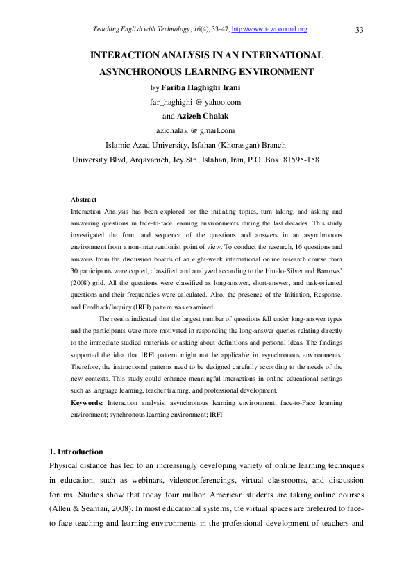(PDF) Interaction analysis in an international asynchronous learning environment