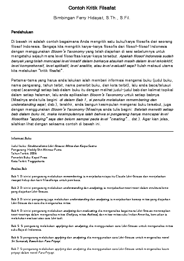 (PDF) Contoh Kritik Filsafat: Buku "Strukturalisme Levi-Strauss" oleh ...