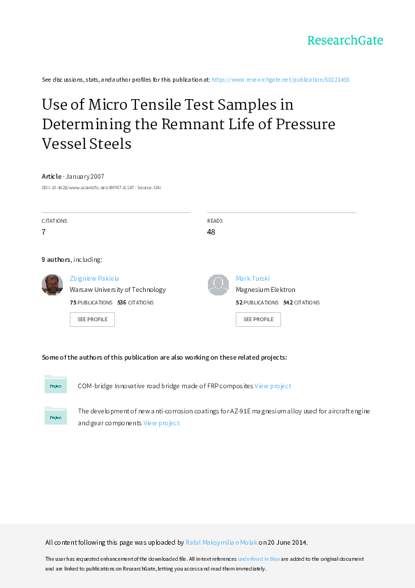 (PDF) Use of Micro Tensile Test Samples in Determining the Remnant Life ...