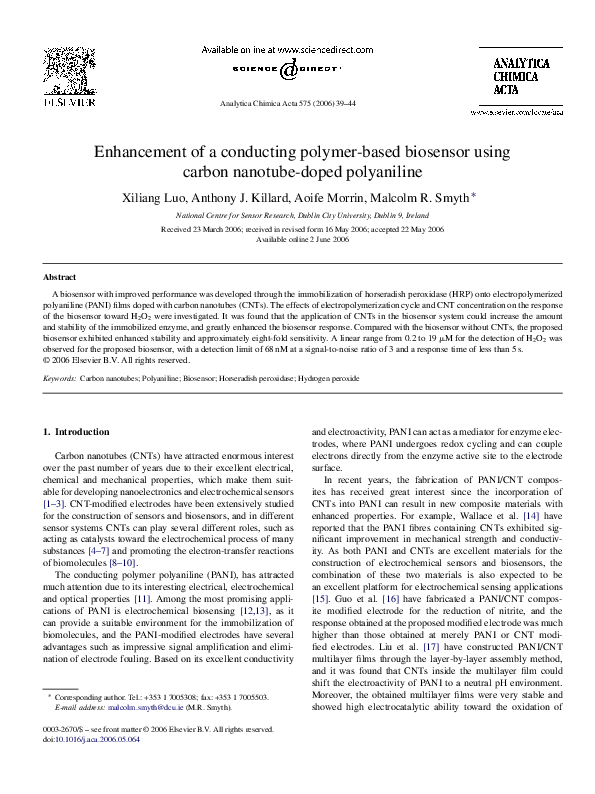 (PDF) Enhancement of a conducting polymer-based biosensor using carbon nanotube-doped polyaniline