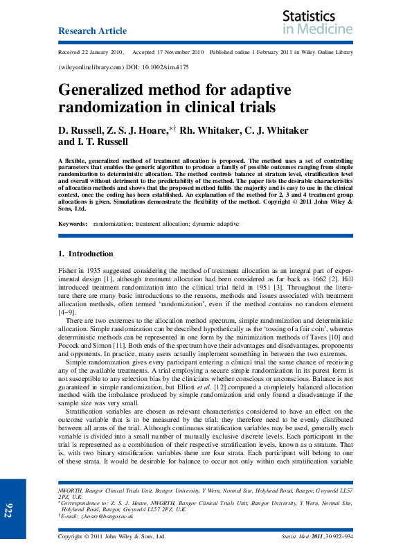 Pdf Generalized Method For Adaptive Randomization In Clinical Trials Rhiannon Whitaker