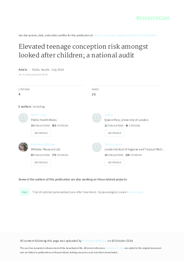 (PDF) Elevated teenage conception risk amongst looked after children; a ...