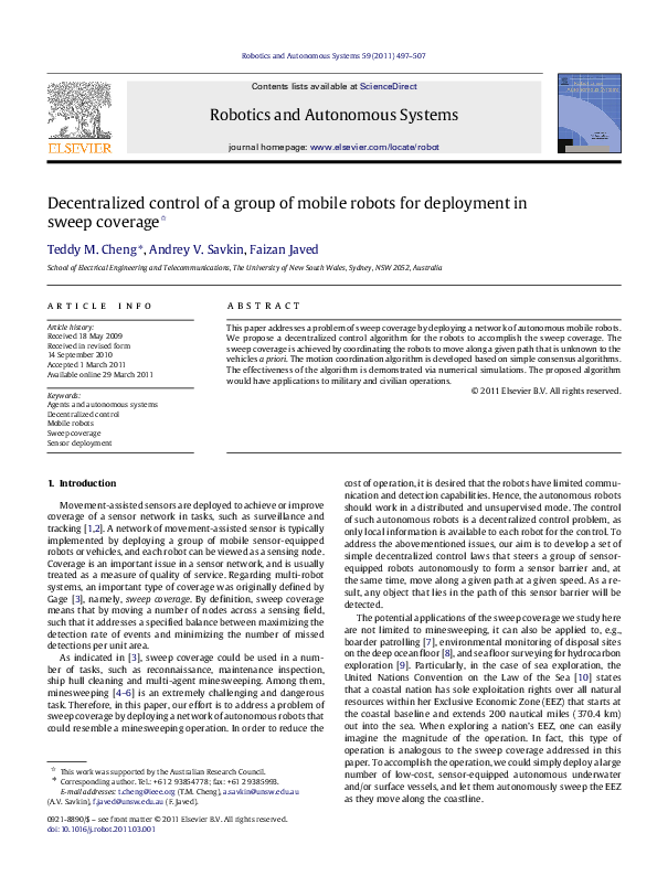 Pdf Decentralized Control Of A Group Of Mobile Robots For Deployment