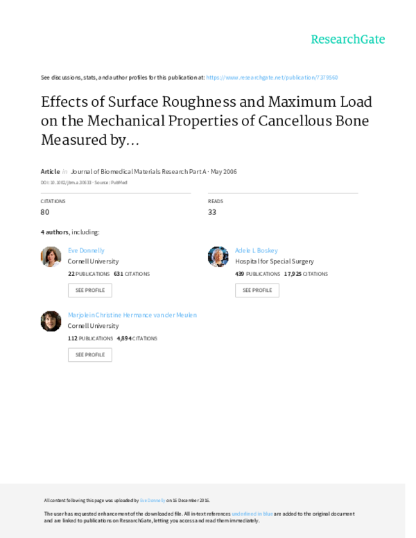 (PDF) Effects of surface roughness and maximum load on the mechanical properties of cancellous ...