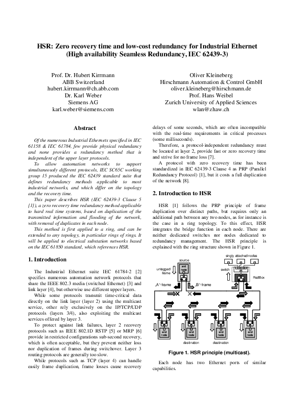 (PDF) HSR: Zero recovery time and low-cost redundancy for Industrial ...
