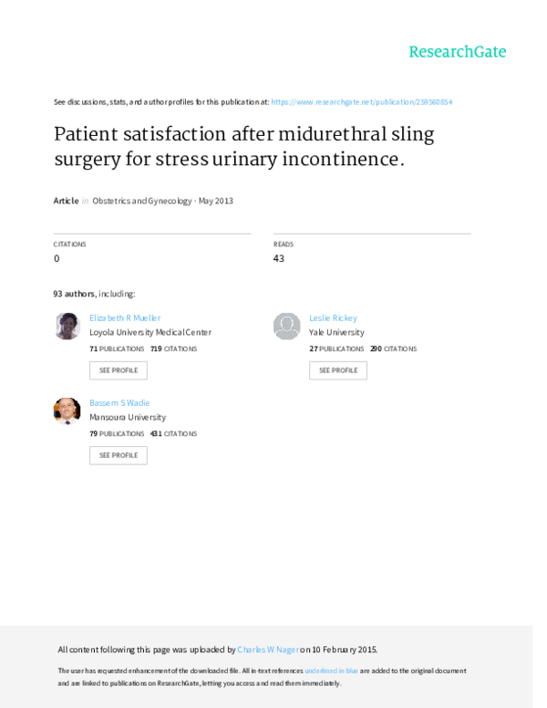 Pdf Patient Satisfaction After Midurethral Sling Surgery For Stress Urinary Incontinence