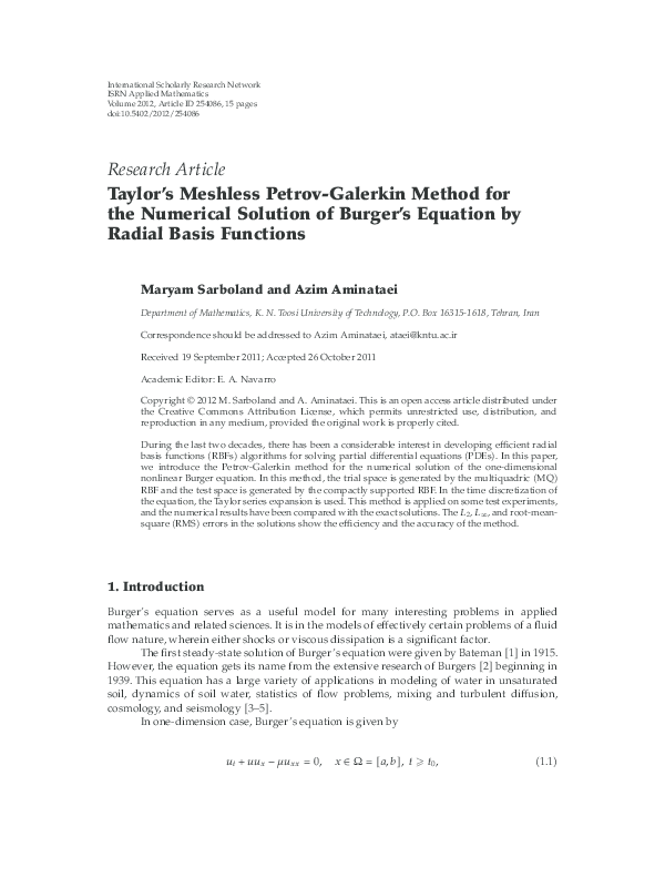 (PDF) Taylor's Meshless Petrov-Galerkin Method for the Numerical Solution of Burger's Equation ...