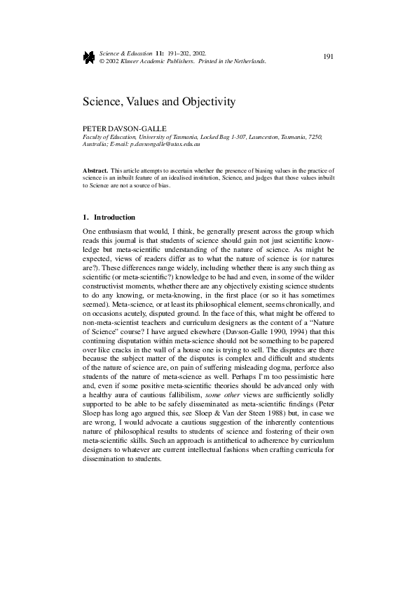 (PDF) Science Values and Objectivity