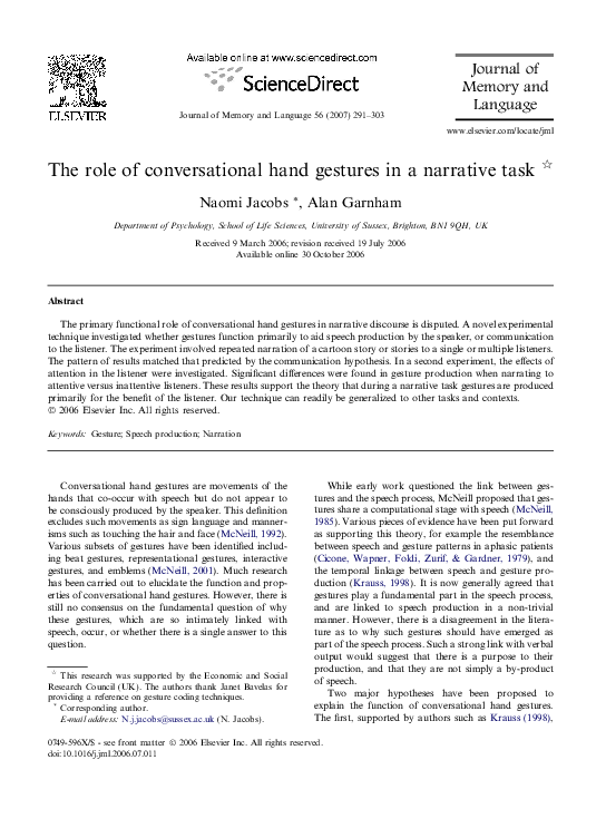 (PDF) The role of conversational hand gestures in a narrative task