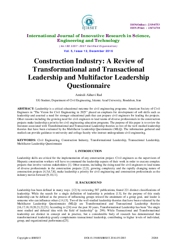 (PDF) Construction Industry: A Review of Transformational and ...