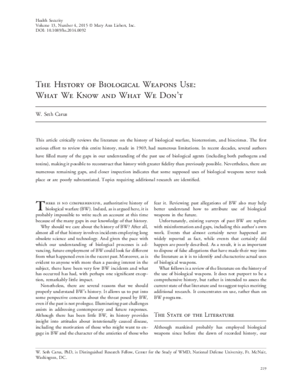 (PDF) The History of Biological Weapons Use: What We Know and What We Don't